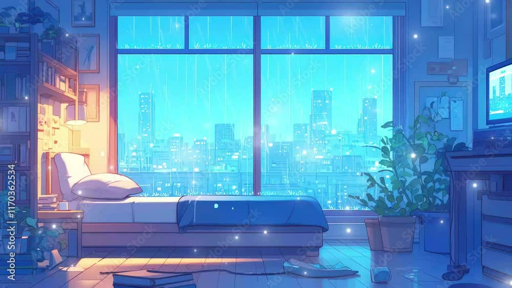 Raindrops flow down a softly lit bedroom window on a peaceful evening ...