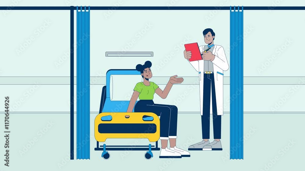 Doctor listens to patient complains in emergency room cartoon animation ...