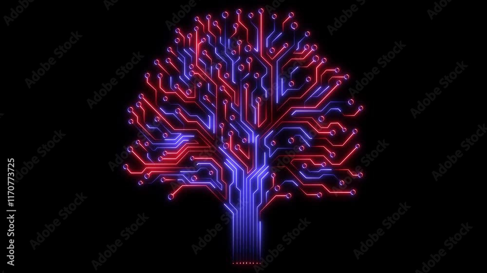 4 k , Circuit Board with neon line moving electrons Data Flow Loop Background Animation ...