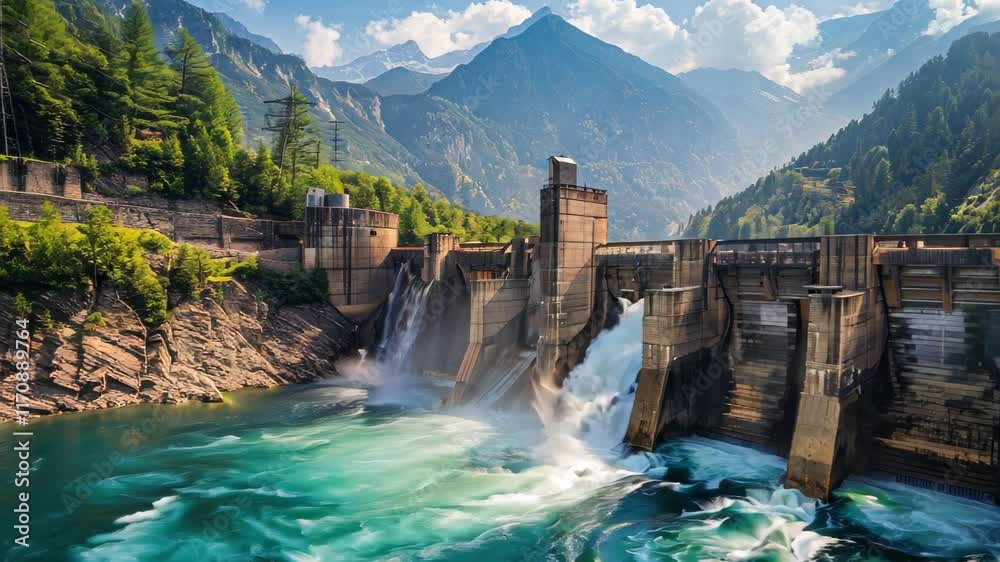 Modern dam cascades water into turquoise river, surrounded by mountains ...