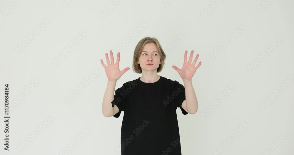 Trapped woman meme expression and scared lady touching invisible ...