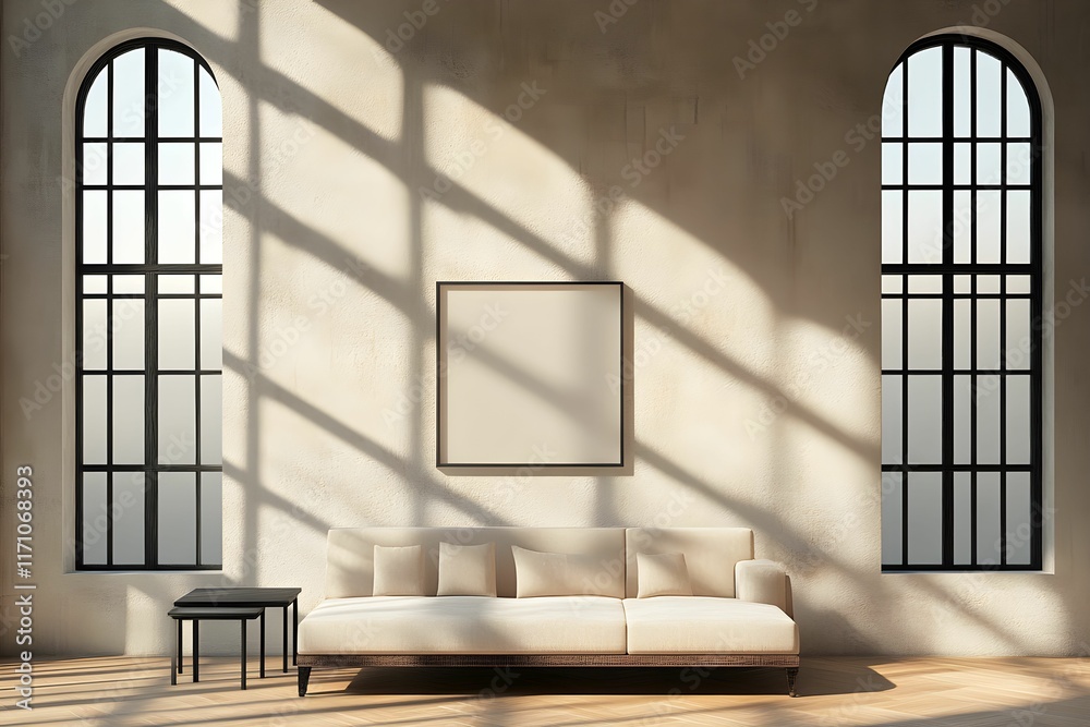 Modern living room with empty wall and large windows allowing natural ...