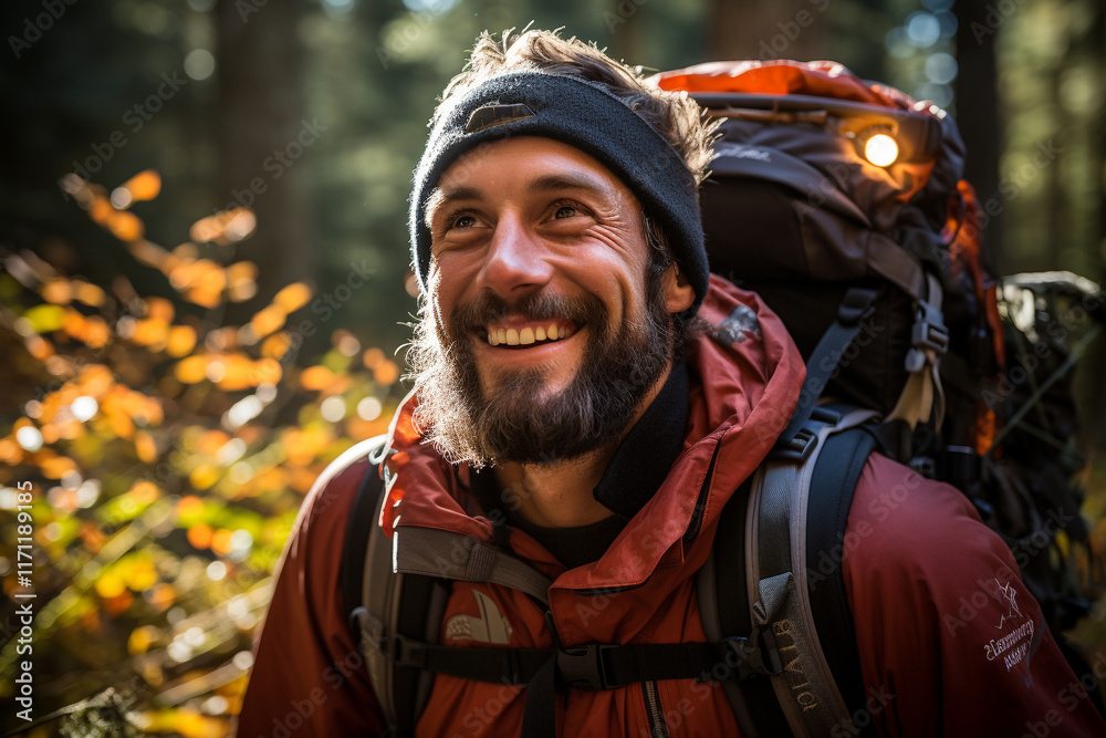 Male Hiker Surrounded by Vibrant Fall Forest: Sunlight Filtering ...
