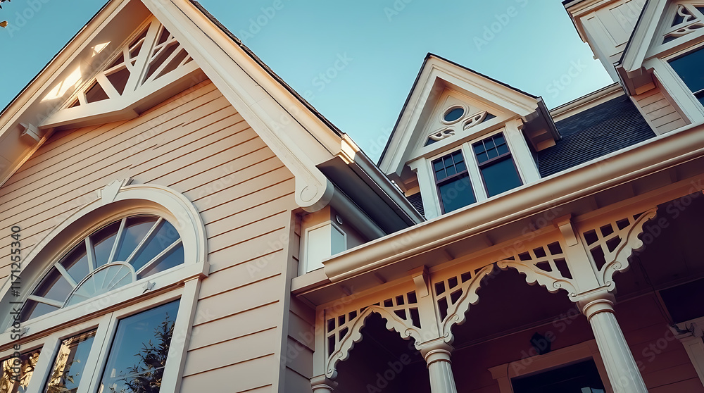 Low-angle view of a two-story light beige house with intricate white ...