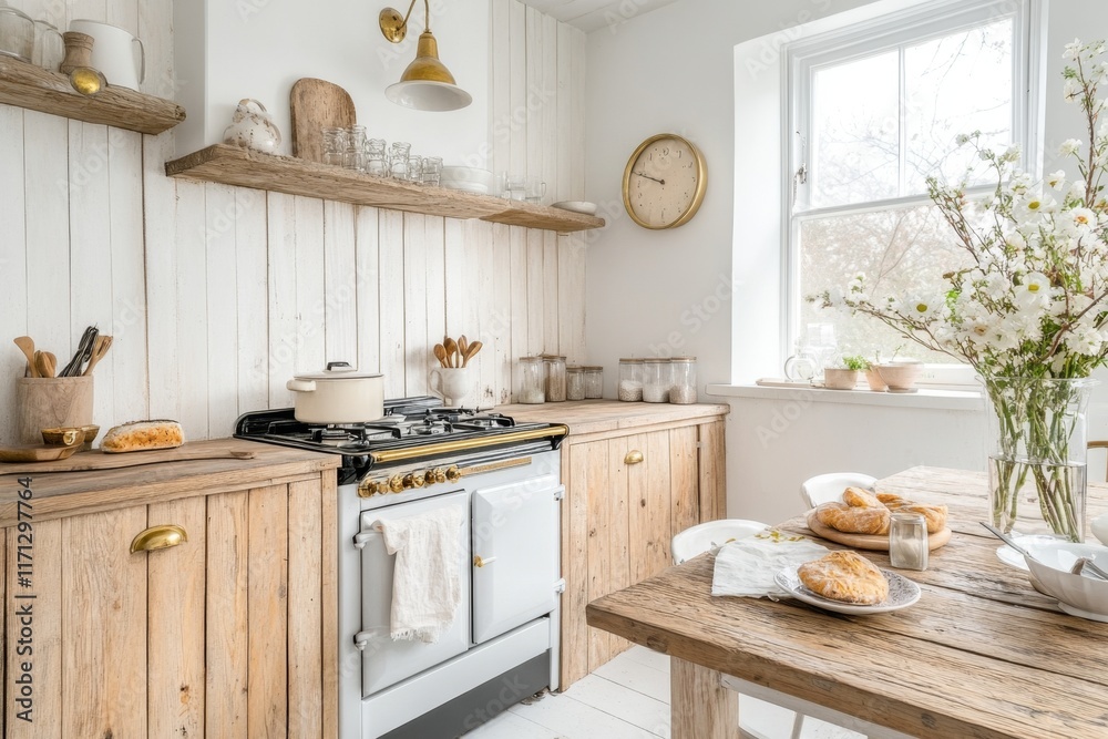 A vintage-inspired kitchen with wooden cabinetry, brass fixtures, and ...