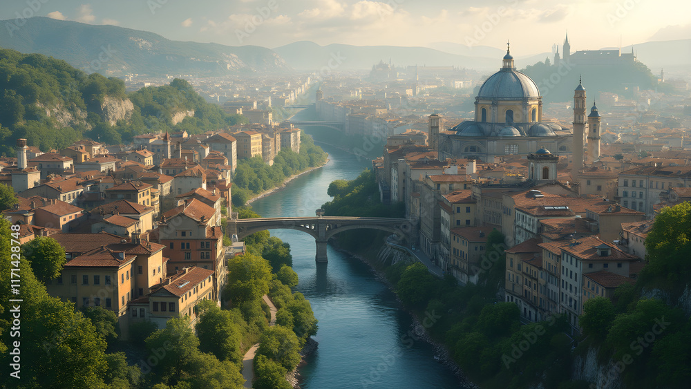 Split city design featuring river. Stunning urban landscape with valley ...