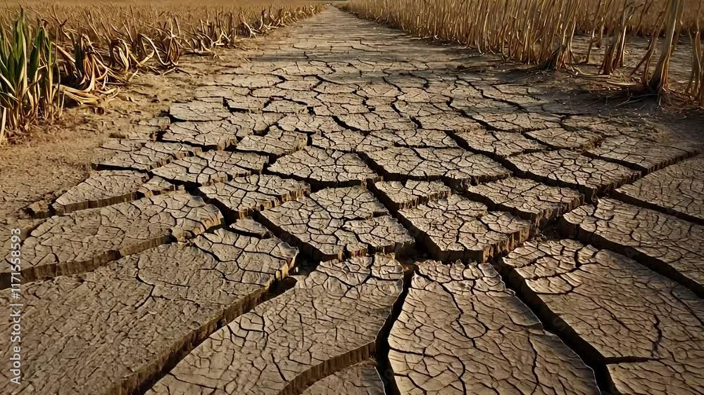 Cracked Dry Soil in a Parched Field with Withered Crops Indicating ...