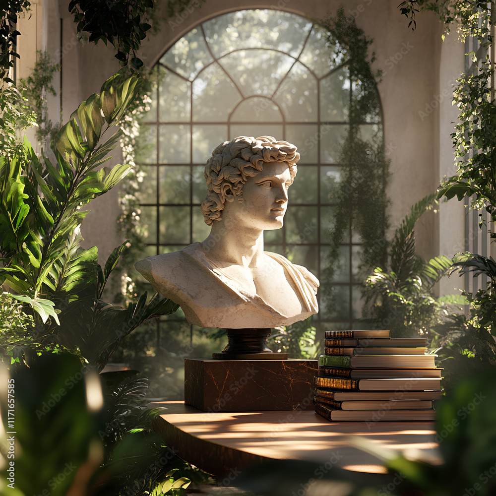 Contemporary interior design with marble bust surrounded by lush ...