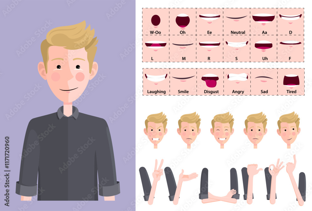 Stylized Blond Young Man Character Face Creation, with expressions, Lip ...