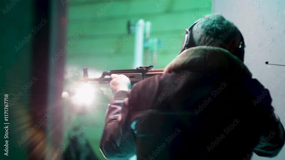 A man shoots a Kalashnikov assault rifle (AK 47) at a shooting range. Sighting in a Kalashnikov ...