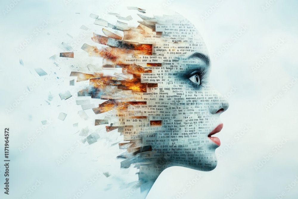 Poster A surreal face with distorted features, mismatched eyes, and a ...