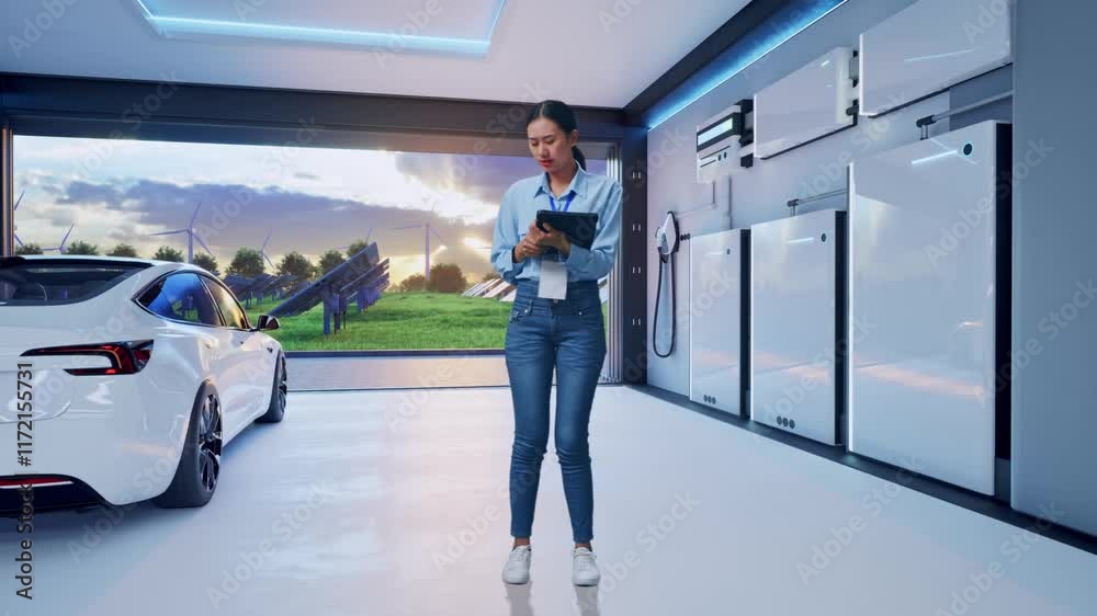 Full Body Of Asian Female With Her Tablet With Home Energy Storage ...