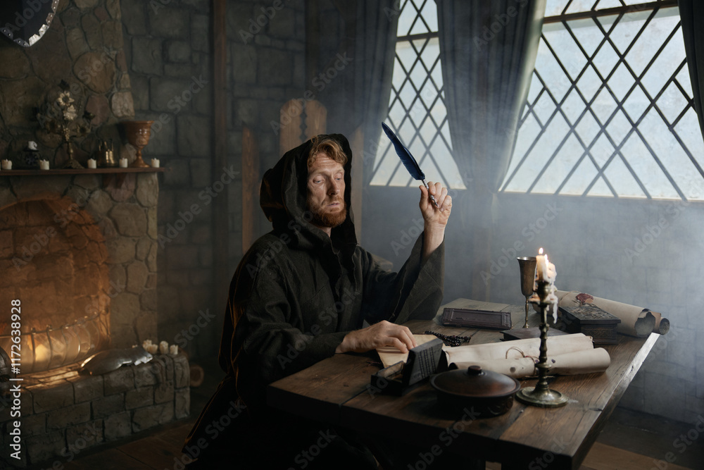Poster Medieval monk writing historic manuscripts at table – Wall Art ...