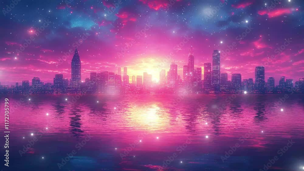 Colorful clouds and radiant lights create a breathtaking city ...