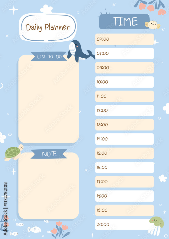 Weekly planner and to-do list with cute sea animals whale, turtle ...