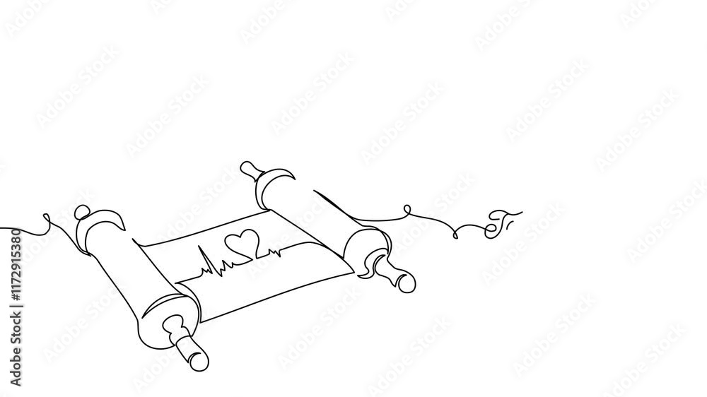 Torah scroll and heart animated illustration. One continuous self ...
