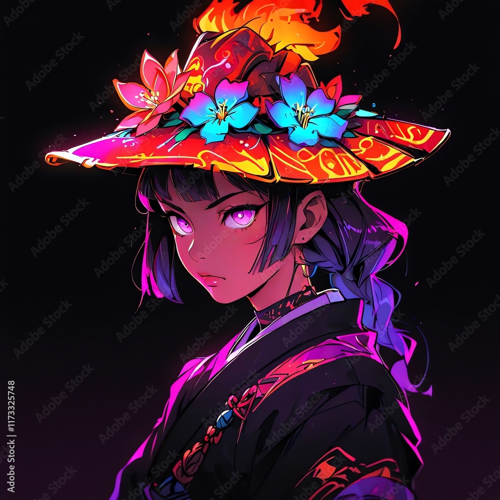 Neon Witch: A vibrant digital art portrait of a mysterious anime-style ...