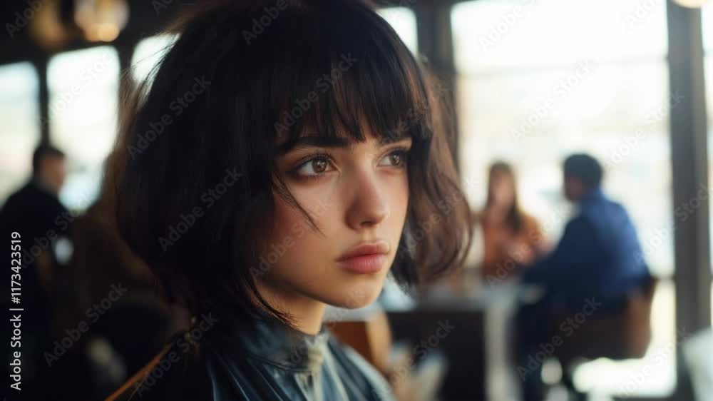 Woman with dark bob haircut and bangs wearing black cape in restaurant ...
