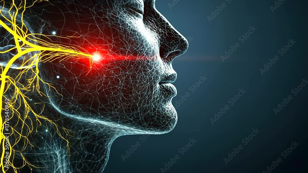 A head silhouette with detailed trigeminal nerve branching in yellow, a ...