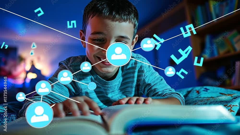 A cozy reading nook where a young boy leans over an open book, smiling ...