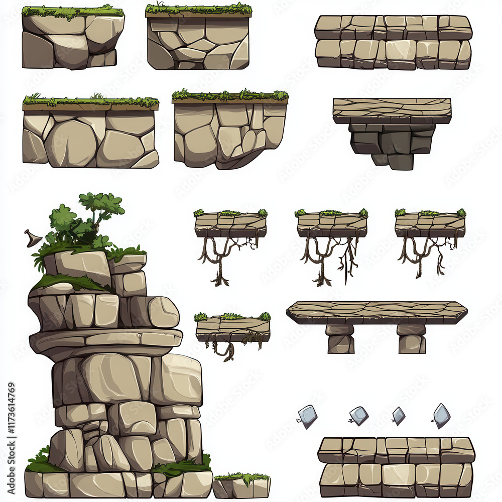 2D Stone Platforms and Sprite Sheets for Games Stock Illustration ...