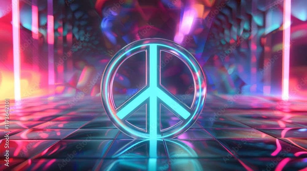 A peace sign is lit up in a neon light. The peace sign is surrounded by ...