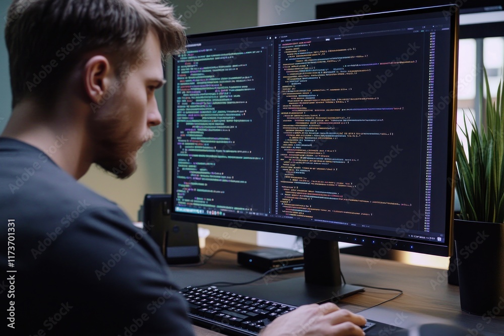 Programmer types swiftly on a keyboard, focused on debugging intricate ...