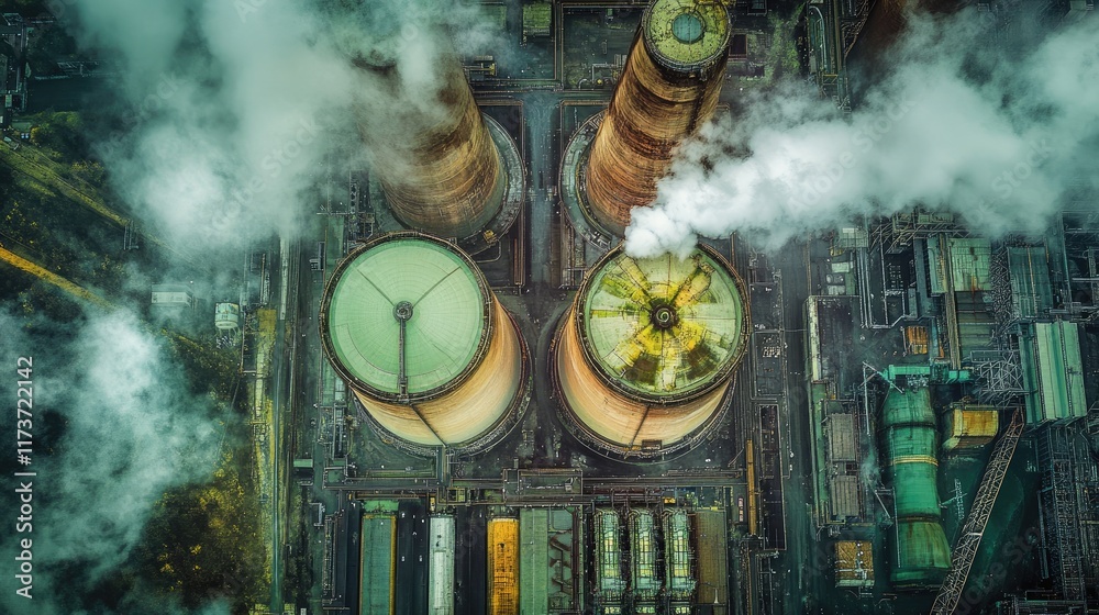 Industrial power plant from above with vibrant steam rising from ...