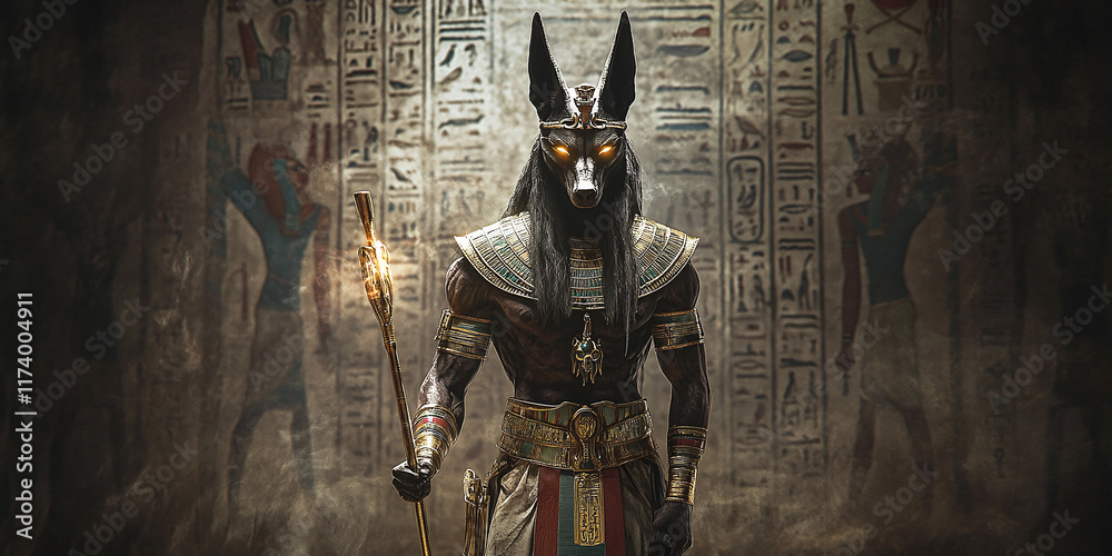 Documentary-style image of Anubis, the ancient Egyptian god, standing ...