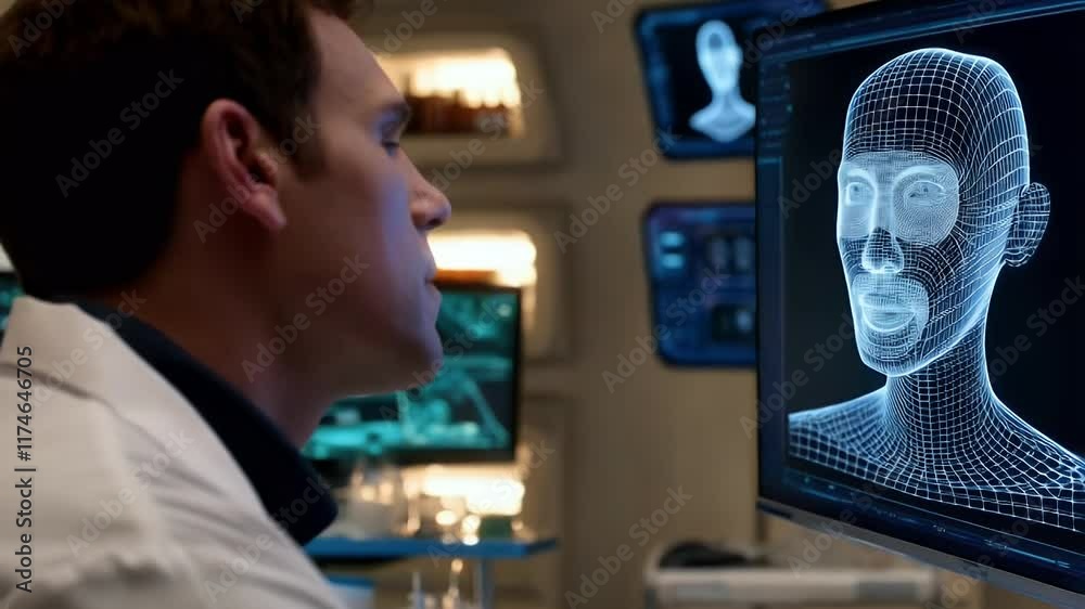 Woman AI, futuristic, robot, android talking to human scientist. Human ...