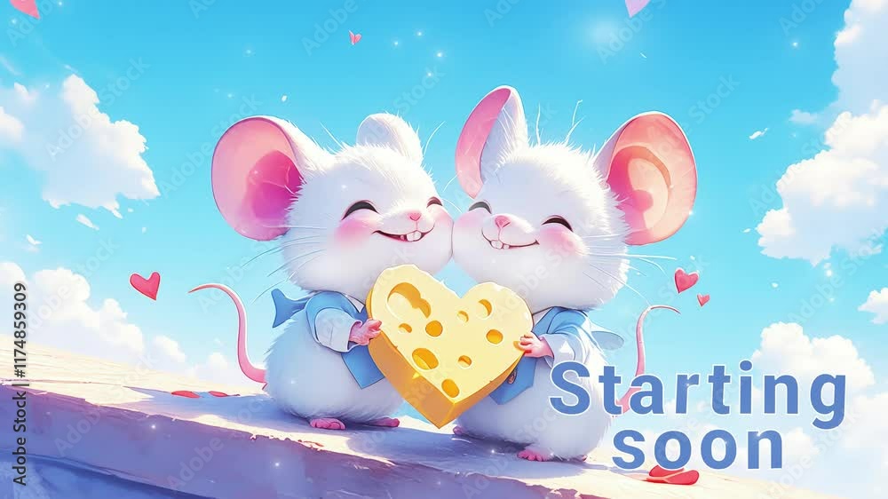 Cute mice embrace joyfully, sharing a cheese heart in the sunshine ...