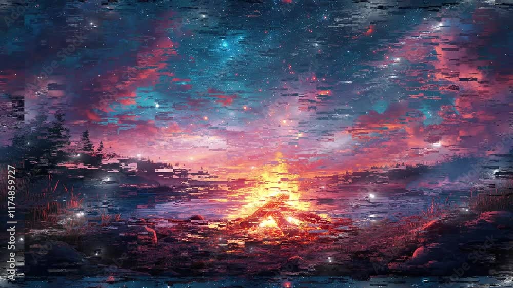 Flames glow warmly under a starry sky by a peaceful lake. glitch stream ...