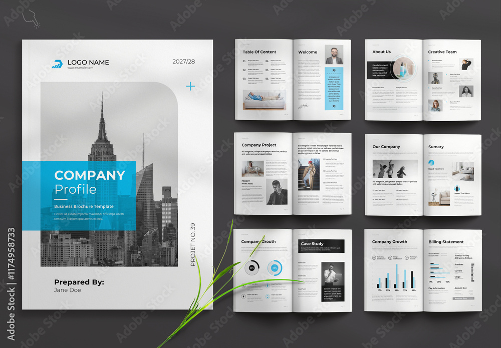 Company Profile Layout with Blue Accents Stock Template | Adobe Stock