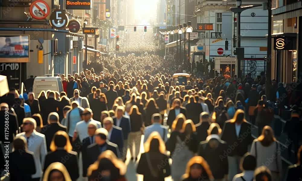 A bustling city street filled with people commuting under warm sunlight ...