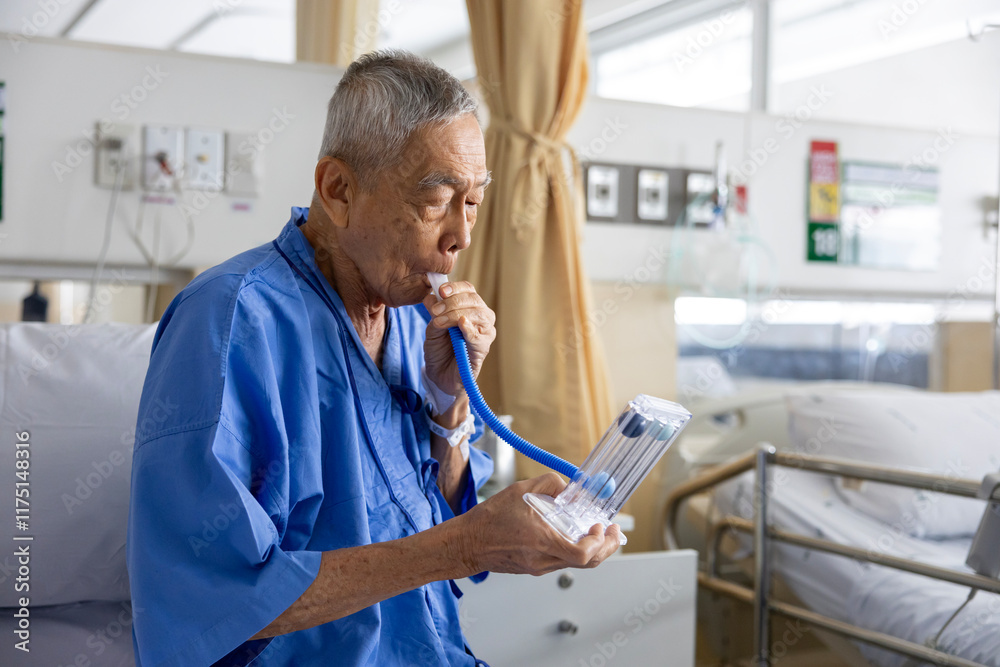 Poster Senior asian man using incentive spirometer device for breathing ...
