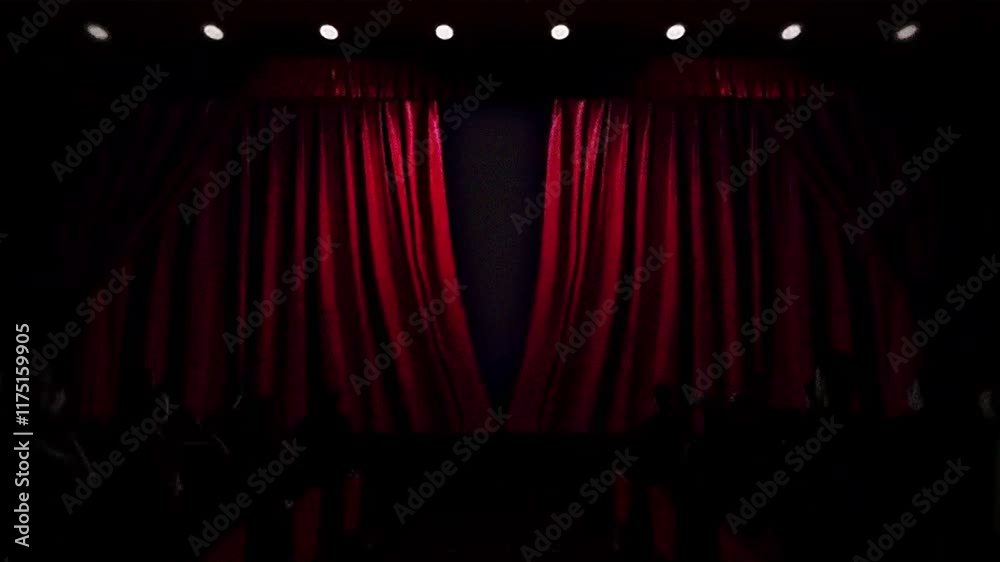 3d animated red curtains on theater the audience stage opening to ...