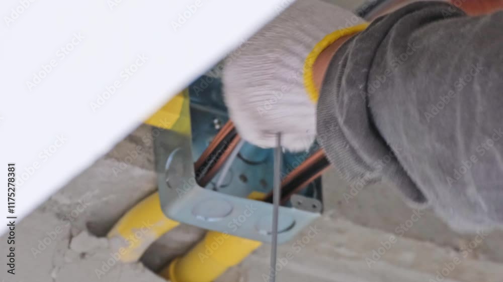 A professional electrician wearing white gloves is expertly threading ...