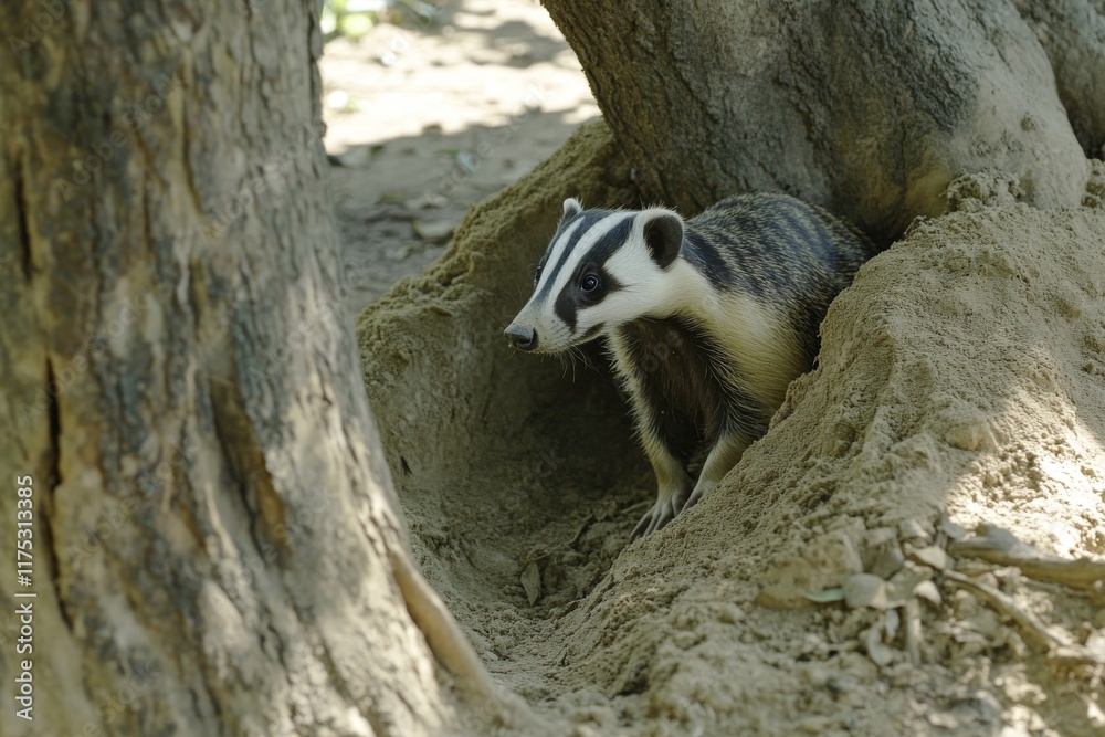 Foto de Facing forward and emerging from the badger sett, Meles Meles ...