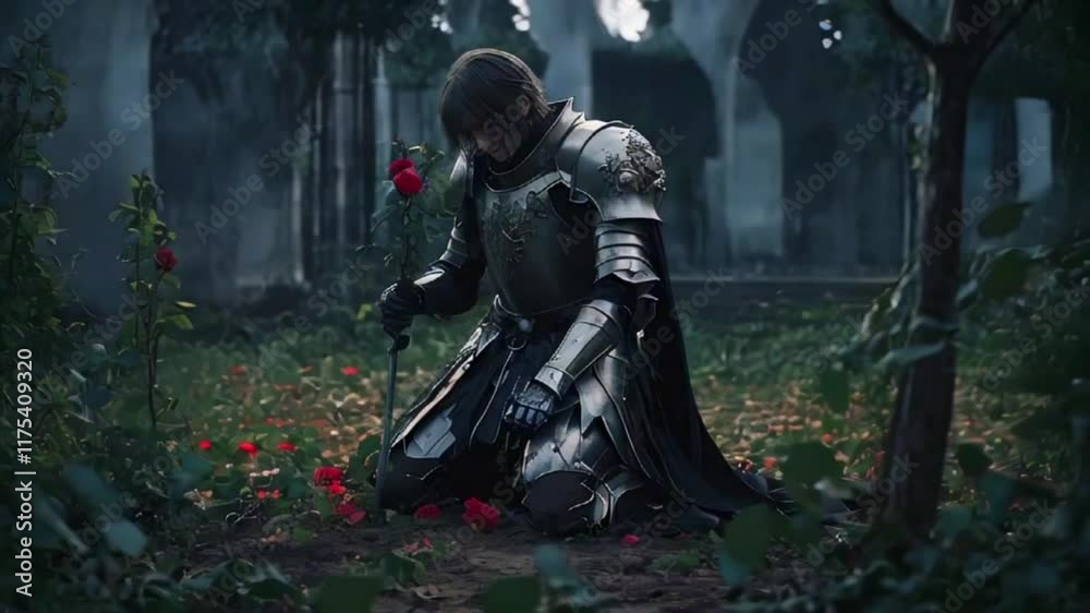 decaying garden black roses, knight kneels, single bloom princess ...