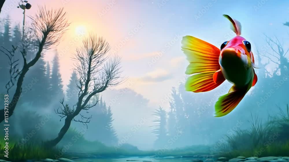 A koi fish swims through the river of time, its scales like silver ...