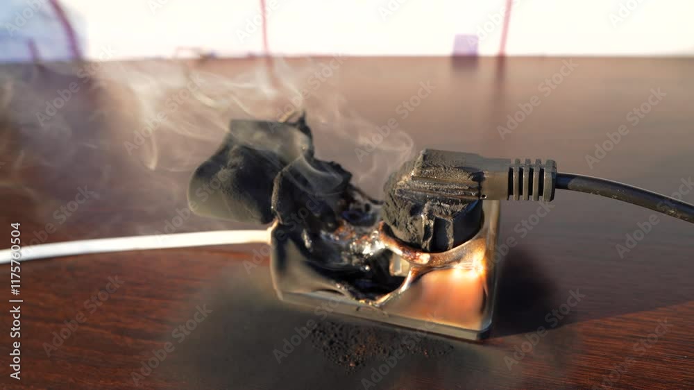 Electrical Short Circuit. Burning socket. Outlets, plug in fire. Short ...