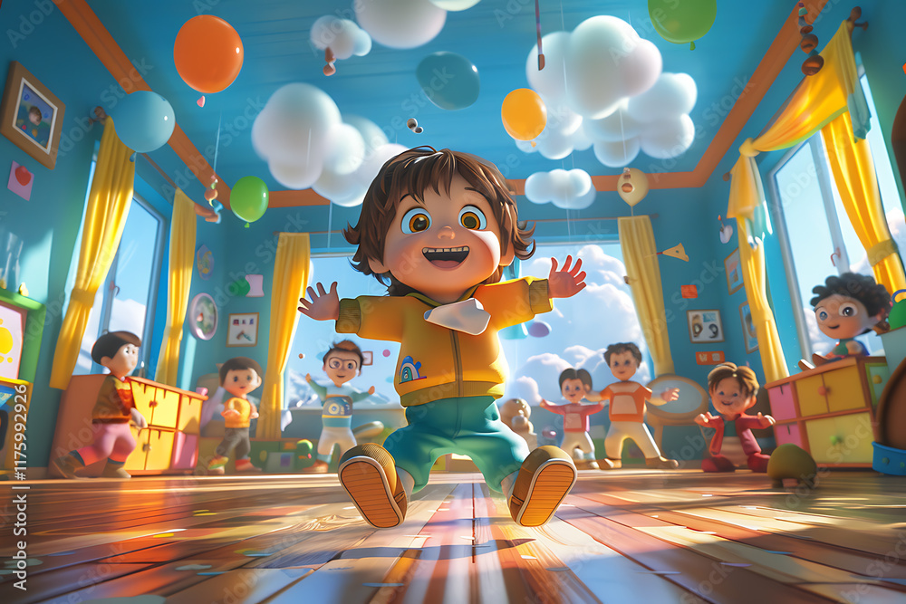 playful toddler animation, animated toddlers in a vibrant playroom ...