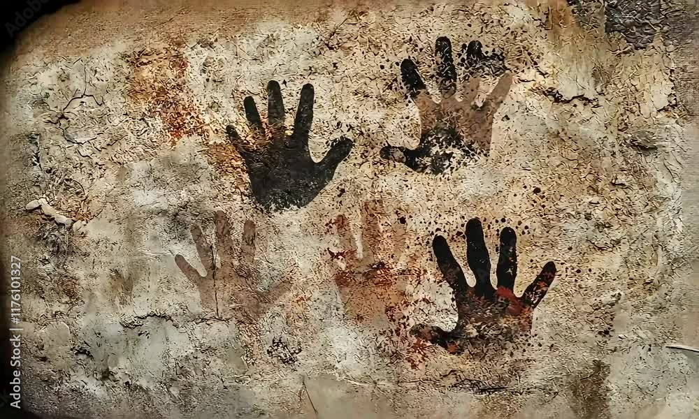 Unique ancient handprints on a rough stone wall depicting prehistoric ...