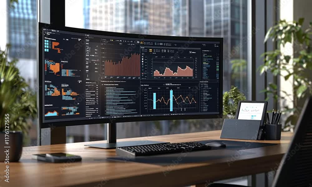 Modern Workplace Setup with Ultrawide Curved Monitor Displaying Data ...