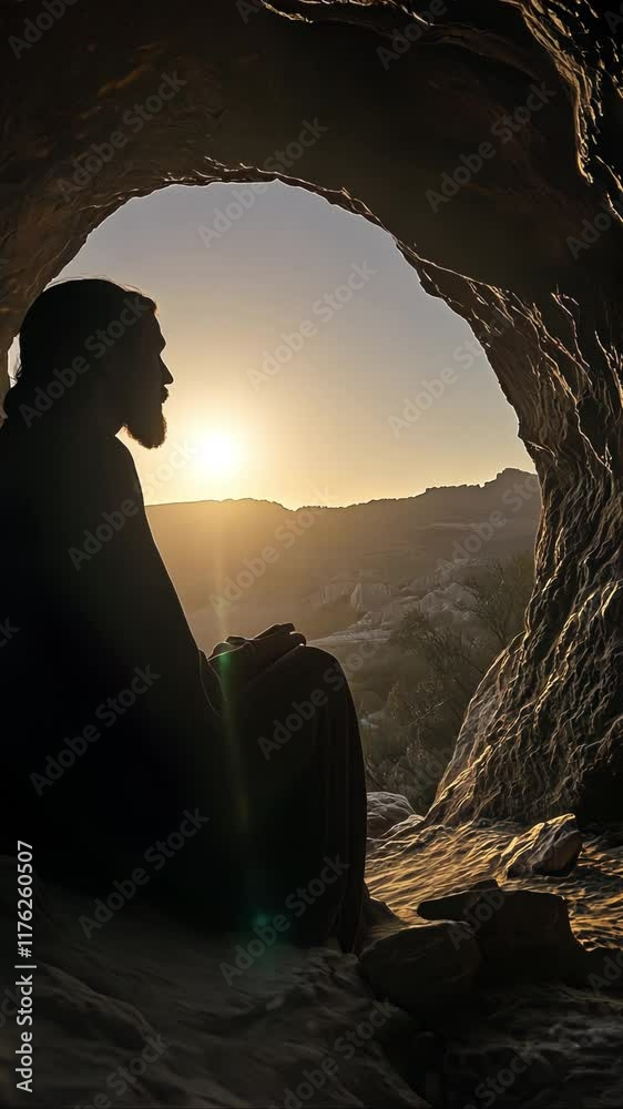 Pushing towards Jesus backlit by the sunrise sitting in profile in the ...