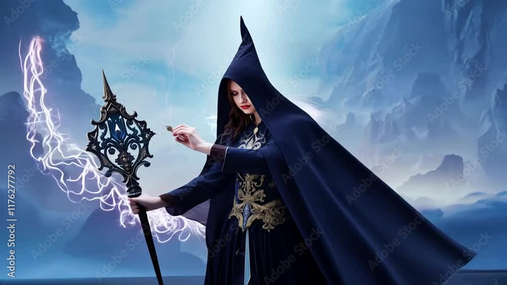 wizard 3d rendering female staff using cloaked fantasy magic posing ...