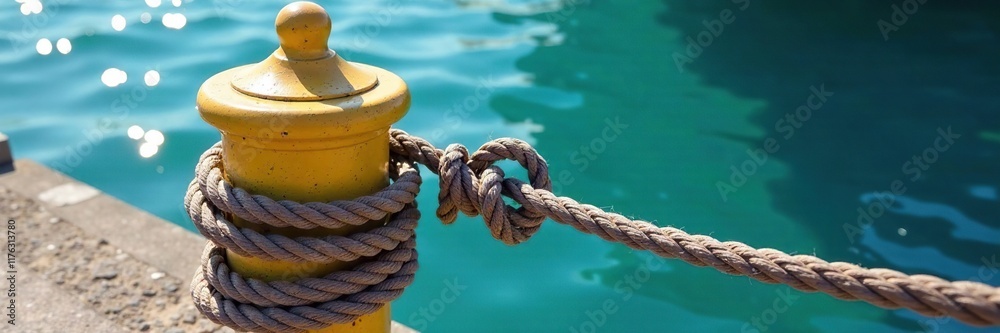 Poster Mooring cable wraps around ship's bollard post, yacht, tether ...