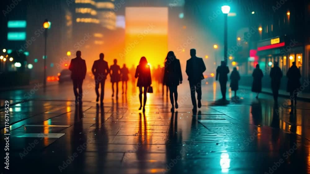 City Night Walk: Silhouetted figures stroll through a vibrant city ...