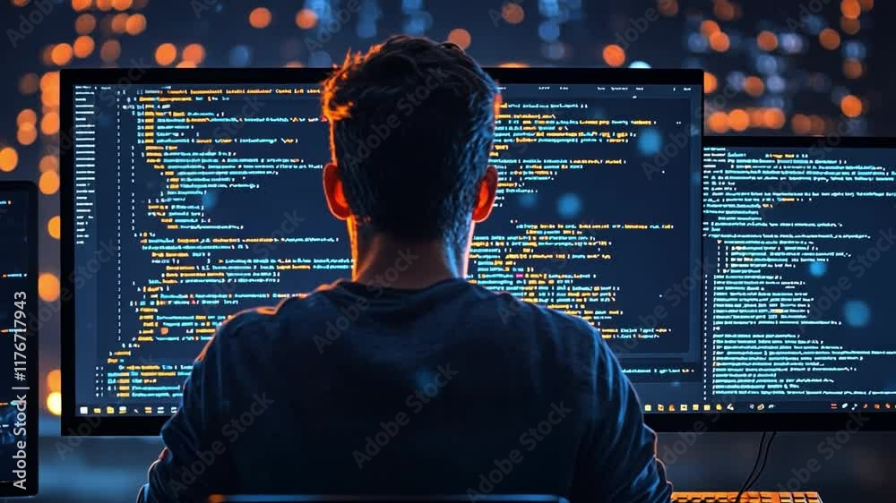 Programmer's Focus: A young programmer intensely focused on multiple computer screens displaying ...