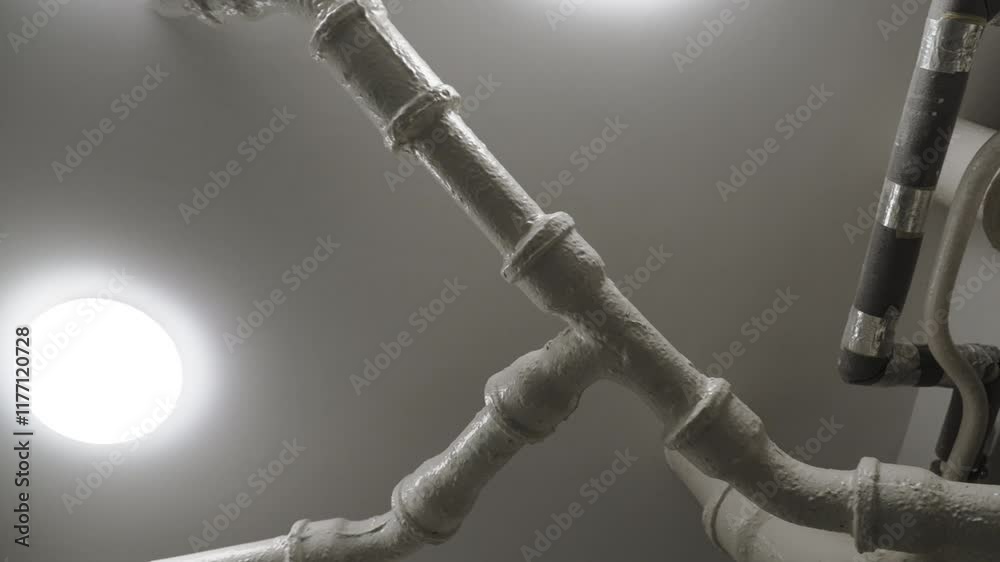 Pan shot of complex branching of different types of pipes in technical ...